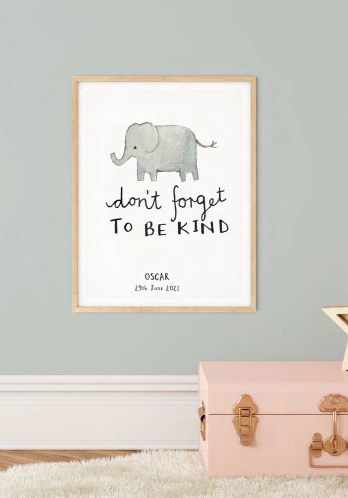 Personalised 'Be Kind' Elephant Wall Art Print – Ruby and Rafe